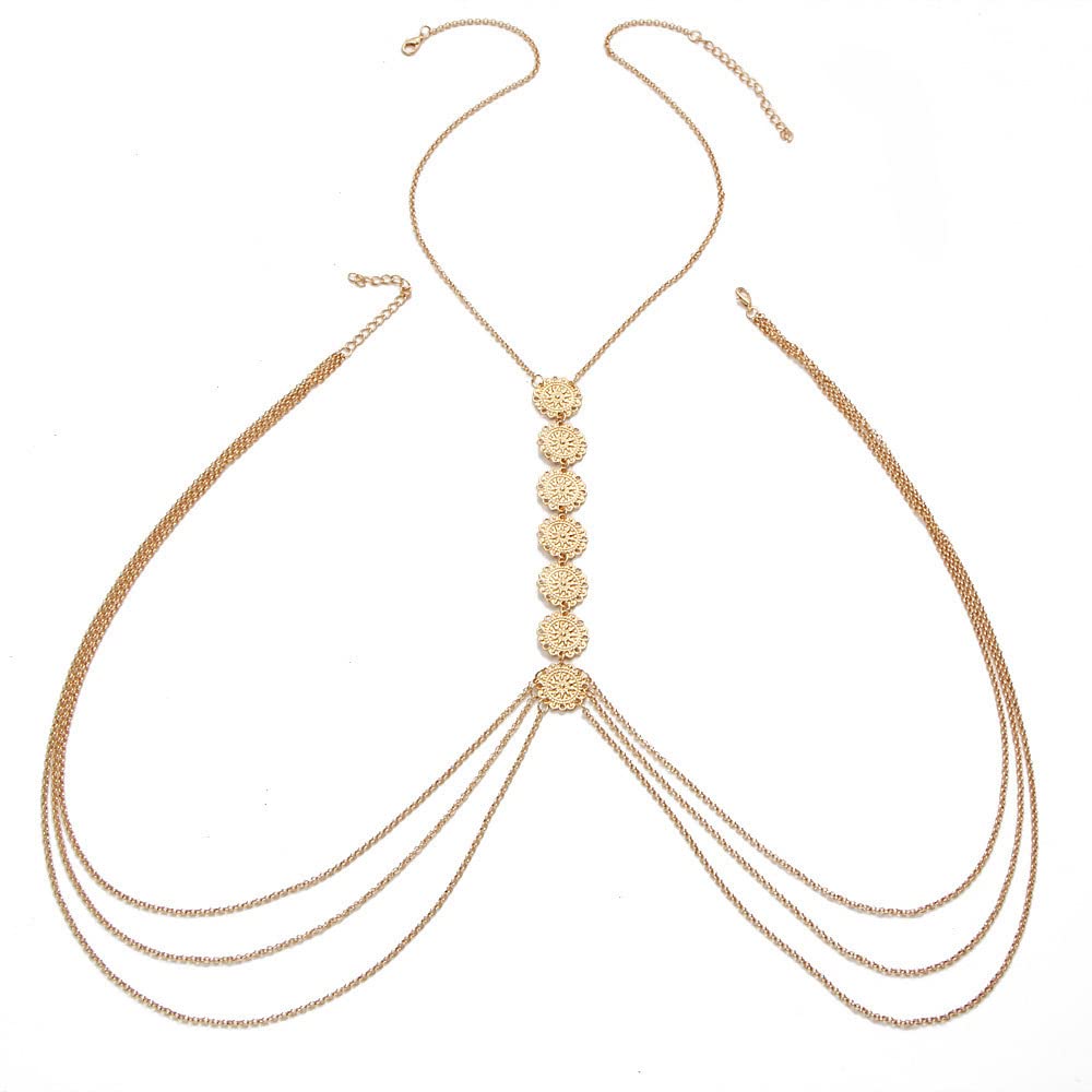 Asphire Bohemian Coin Body Chain Sexy Back Necklace Jewelry Beach Body Accessories for Women Layered Harness Bikini Chain (20 inch, Gold)