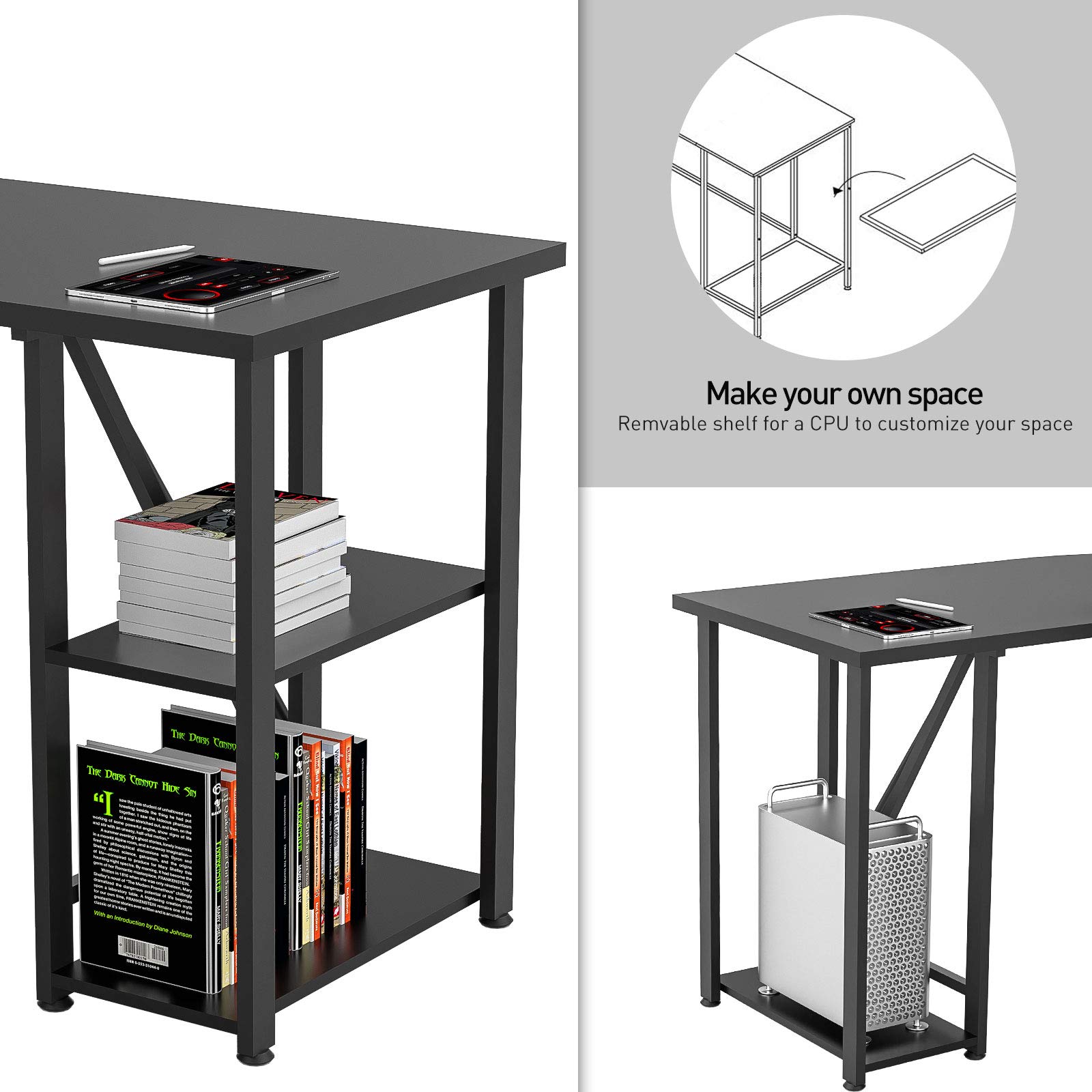 Bizzoelife 59"x55" Large L Shaped Corner Table Computer Desk, Home Office PC Laptop Gaming Desks with CPU Stand and Storage Shelf, Wood & Steel Study Writing Workstation for Space-Saving (All Rustic)