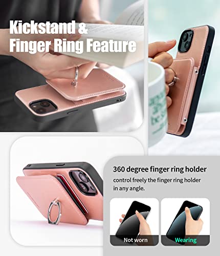 GOOSPERY Rich-Fit iPhone 14 Crossbody Wallet Case for iPhone 14 Case [Strap Included] with Card Holder Lanyard Magnetic Clasp [Kickstand Ring] Heavy Duty Protection, Rose Gold