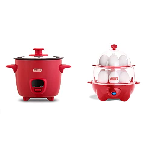 DASH Mini Rice Cooker Steamer with Removable Nonstick Pot, Keep Warm Function & Recipe Guide, 2 cups, for Soups, Stews, Grains & Oatmeal - Red & Deluxe Rapid Egg Cooker, 12 capacity Red