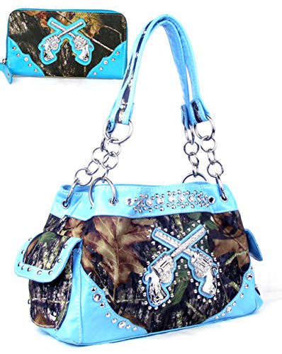GoCowgirl Western Crossed Guns Purse Camouflage Handbag Camo W Matching Wallet (Blue)