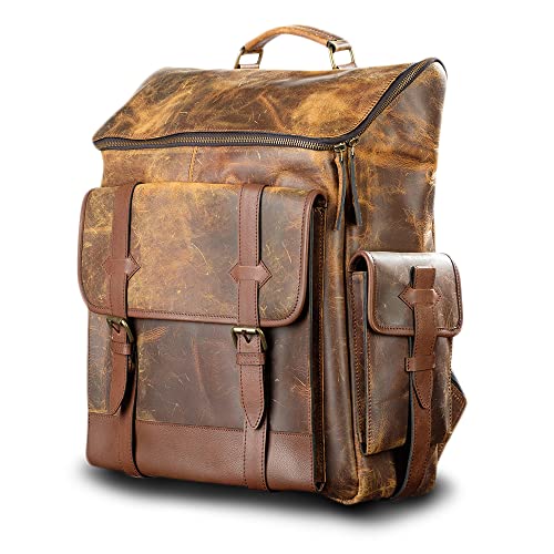 EnvivaCor Leather Backpack for Men - Vintage & Fashionable Leather Backpack for Women, Laptop Bag for 16" Laptop, Travel Backpack, Gym Backpack for Men, Leather Rucksack for Men, 14.5”x17”x5”, Brown
