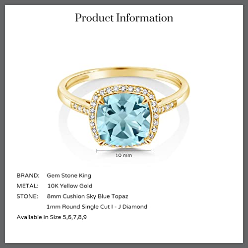 Gem Stone King 10K Yellow Gold Sky Blue Topaz and Diamond Engagement Ring For Women (2.74 Cttw, Gemstone Birthstone, Cushion Cut 8MM, Available in size 5, 6, 7, 8, 9)