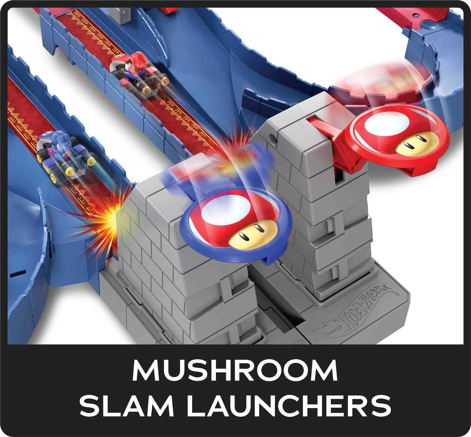 Hot Wheels Mario Kart Bowser’s Castle Chaos Modular Track with Side by Side Racing Lap Flags and Bowser Figure Connects to Other Sets Gift idea for Ages 3 Years and Older