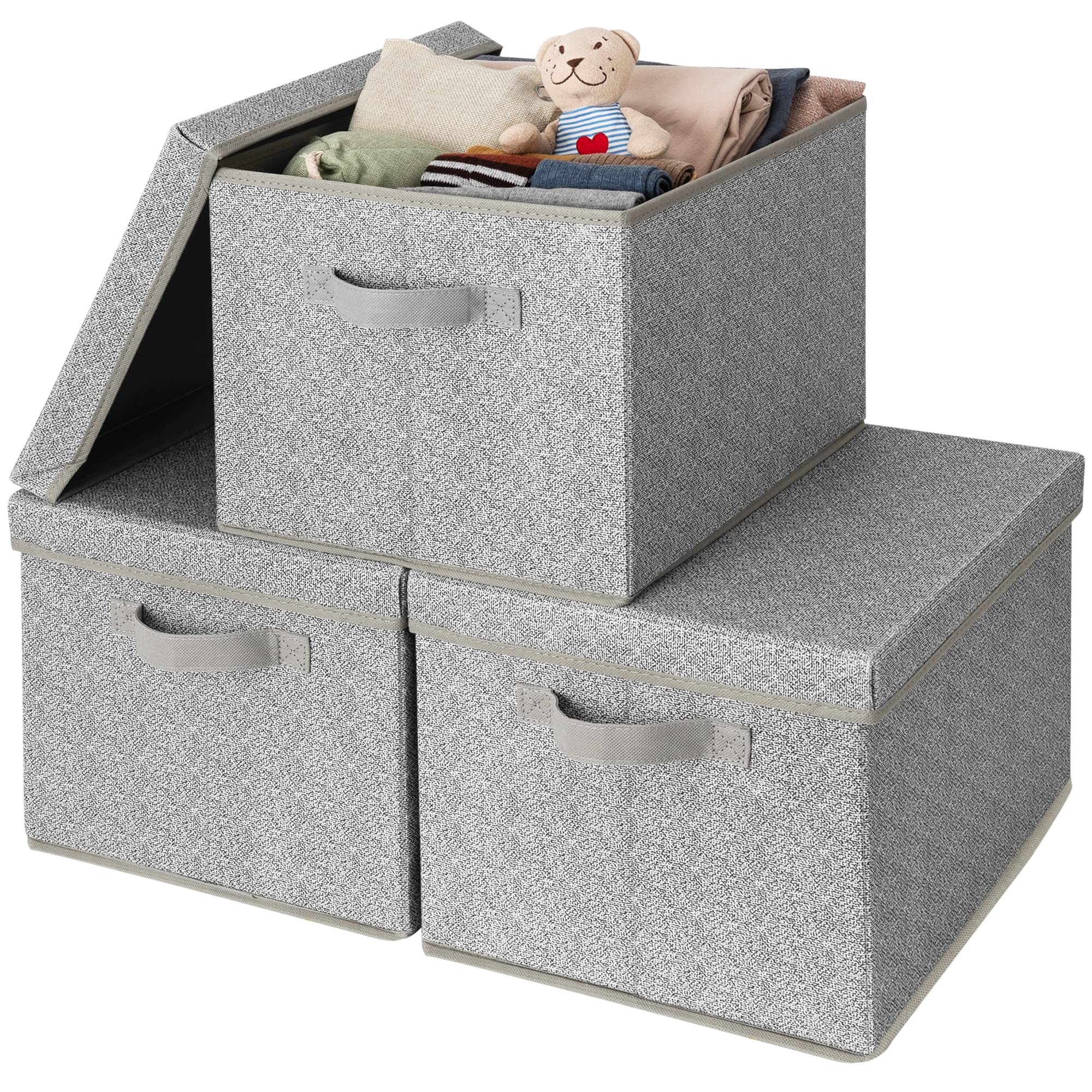 GRANNY SAYS Fabric Boxes with Lids, Storage Bins with Handles, Shelf Bins for Organizing, Extra Large Storage Boxes for Linens Clothes, Decorative Storage Containers, Gray, 3-Pack, Jumbo
