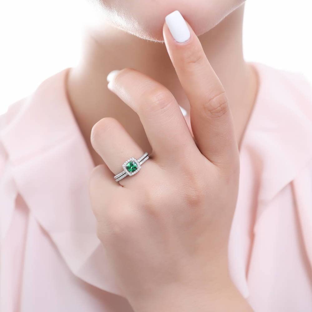 BERRICLE Sterling Silver Halo Wedding Engagement Rings Simulated Emerald Cushion Cut Cubic Zirconia CZ Ring Set for Women, Rhodium Plated Size 6