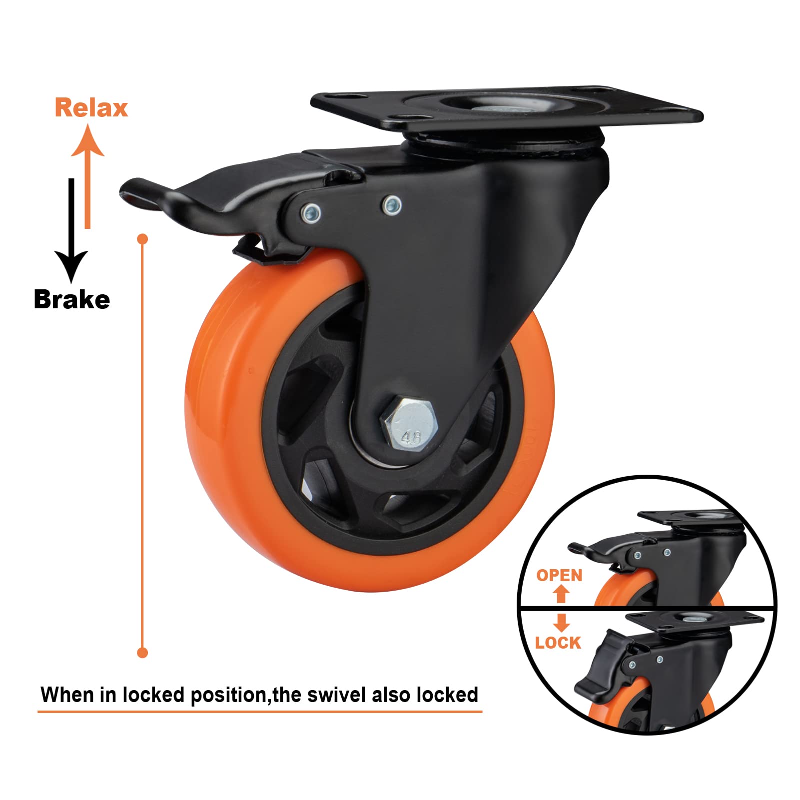 ASRINIEY Casters, 4" Caster Wheels,Casters Set of 4 Heavy Duty - Orange Polyurethane Castors, Top Plate Swivel Wheels, 4-Pack Industrial Casters with Brake, Locking Casters for Furniture and Workbench