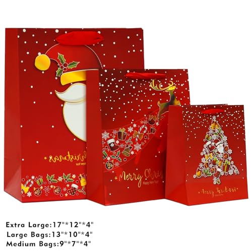 Eisyaa 10PCS Christmas Gift Bags Assorted Sizes, Paper Bags for Gift Bulk with 2 Extra Large Gift Bags, 4 Large and 4 Medium Size, Heavy Duty Red&Gold Foil Xmas gift bags (Assorted Sizes-10PCS)
