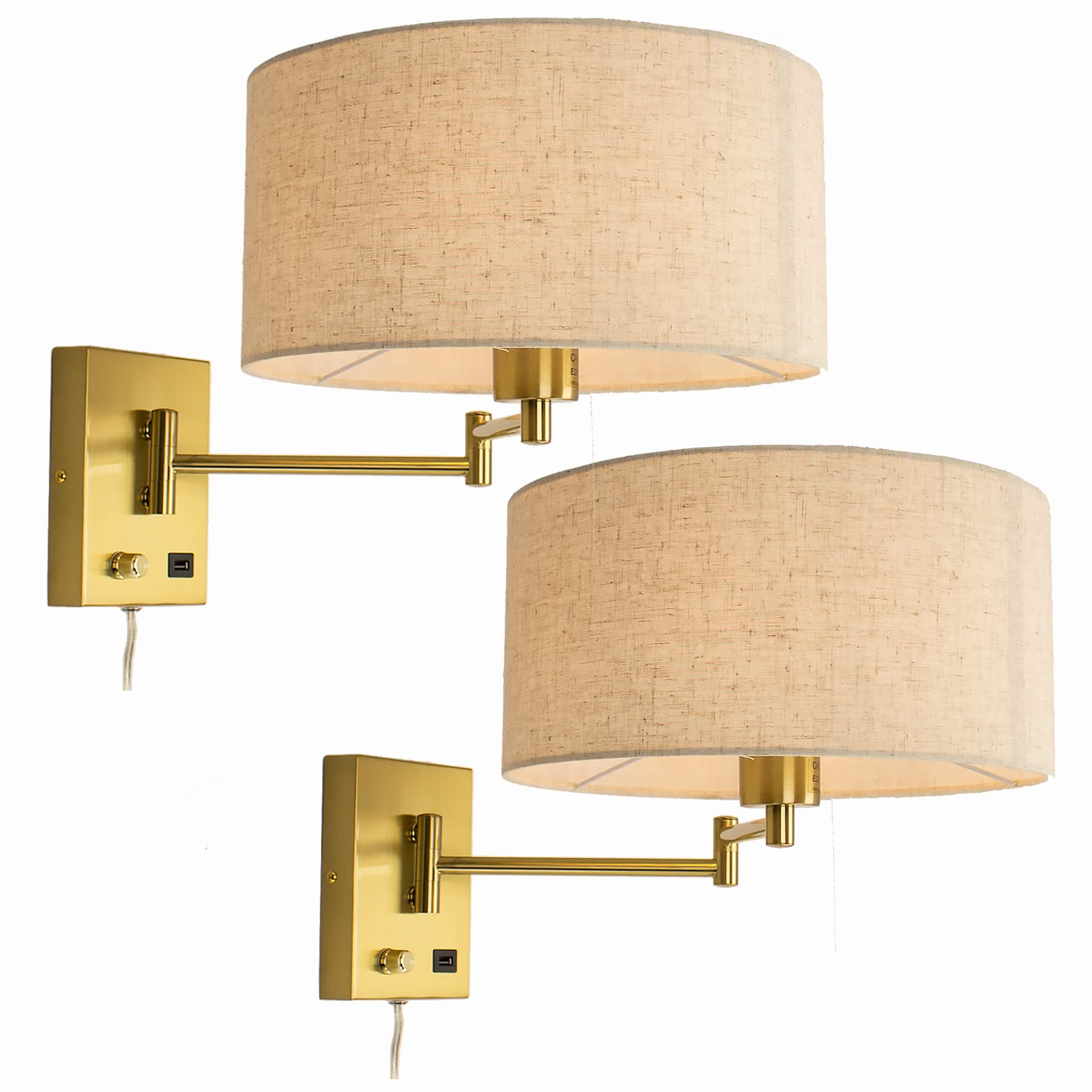 beatineon Elegant Antique Bronze Wall Sconces Set of Two - Dimmable, Swing Arm Lights for Bedroom with On/Off Dimmer Rotary Switch - Plug in or Hardwired Sackcloth Shade Wall Lamp with 6ft Cord