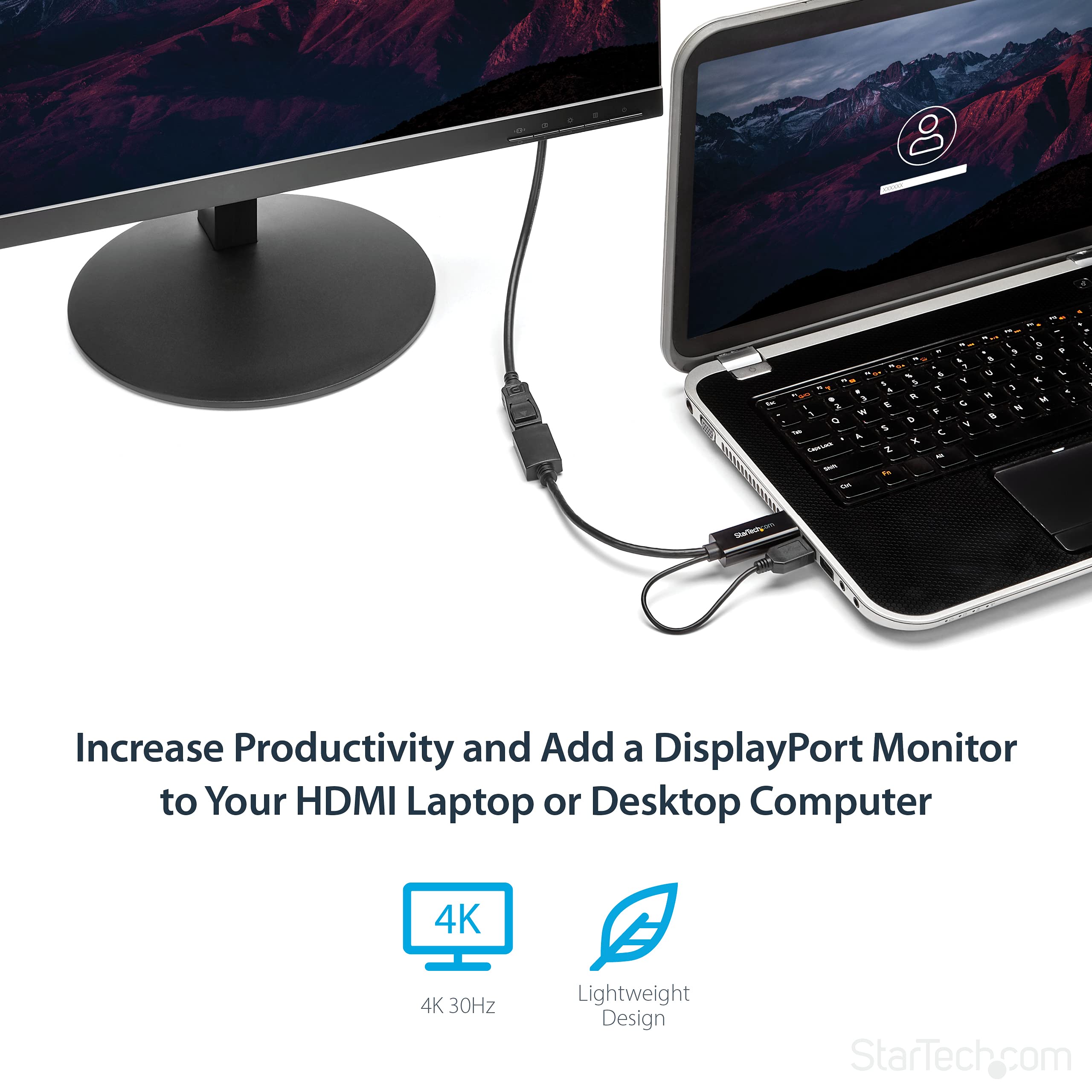 StarTech.com 4K 30Hz HDMI to DisplayPort Video Adapter w/ USB Power - 6 in - HDMI 1.4 (Male) to DP 1.2 (Female) Active Monitor Converter (HD2DP), Black