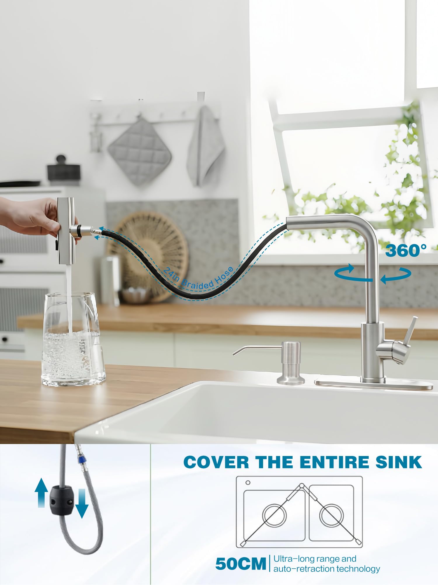Black Kitchen Faucets with Pull Down Sprayer,Waterfall Kitchen Sink Faucet, Utility Stainless Steel Kitchen Faucets with Soap Dispenser,Single Handle Sink Faucet with Pull Down Sprayer for 3 Function