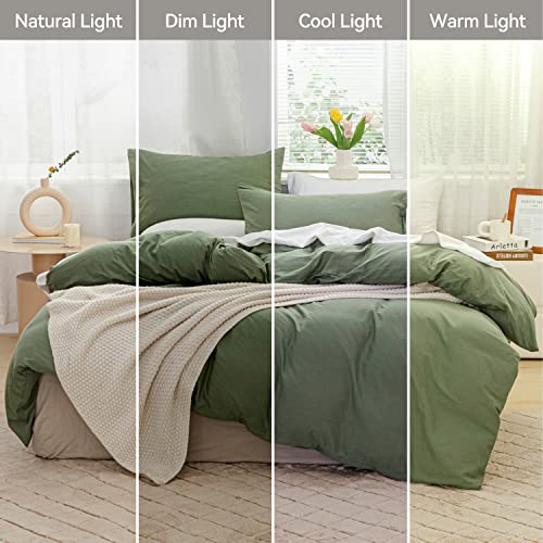 JELLYMONI Green 100% Washed Cotton Duvet Cover Set, 3 Pieces Luxury Soft Bedding Set with Zipper Closure. Solid Color Pattern Duvet Cover Queen Size(No Comforter)
