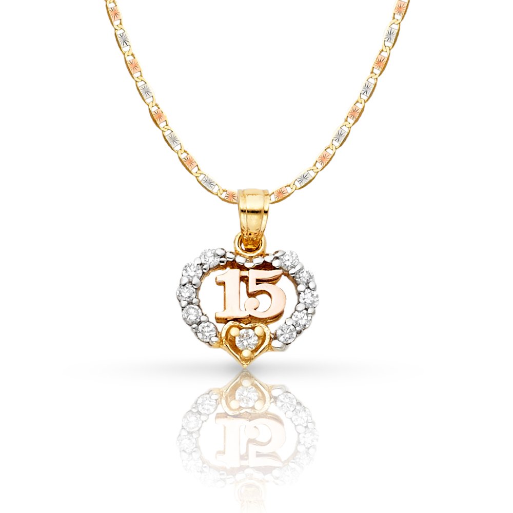 Ioka 14K Two Tone Gold Sweet 15 Years Quinceanera Heart Cubic Zirconia CZ Charm Pendant with 1.5mm Valentino Chain Necklace - 18"