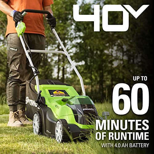 Greenworks 40V 14" Cordless Electric Lawn Mower, Leaf Blower (120 MPH / 500 CFM), String Trimmer, 4.0Ah Battery and Charger