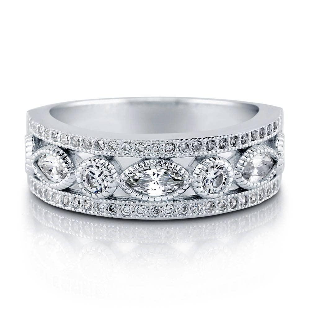 BERRICLE Sterling Silver Art Deco Wedding Rings Milgrain Bezel Set Cubic Zirconia CZ Anniversary Half Eternity Ring for Women, Rhodium Plated Size 7.5