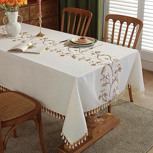Laolitou Cotton Linen Waterproof Tablecloth for Dining Table Farmhouse Kitchen Rectangle Table Cloth Coffee Wrinkle Free Table Cover, Beige, Coffee Flower, 55x86 Inch