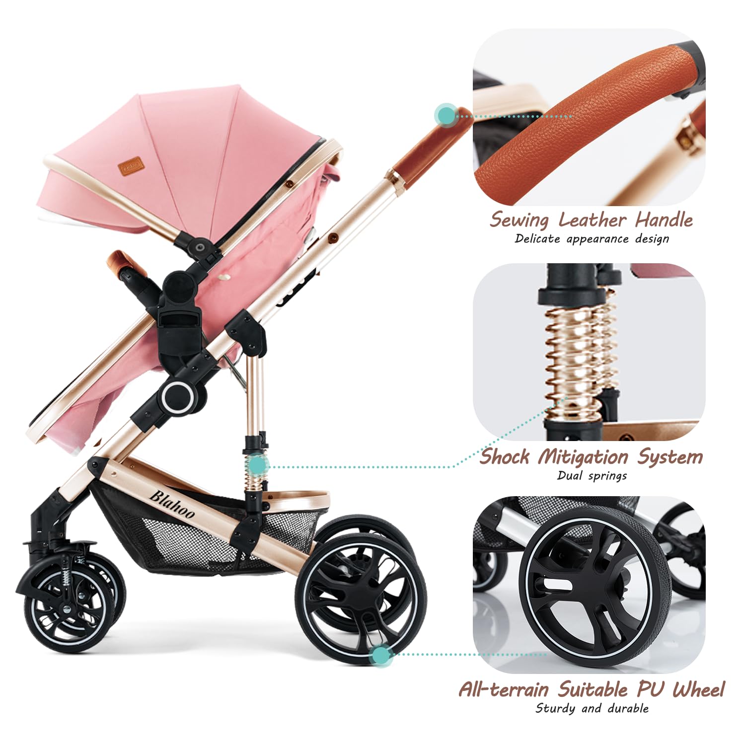 Blahoo Baby Stroller for Newborn, 2 in1 High Landscape Stroller, Foldable Aluminum Alloy Pushchair with Adjustable Backrest. Bassinet Stroller