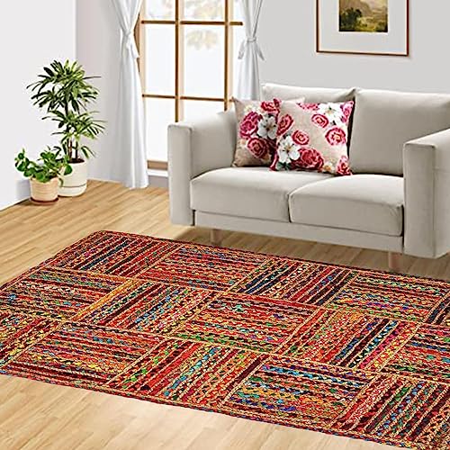 GRUHUM Handwoven Jute Area Rug 3'x5'ft Natural Fibre Rectangular Multicolor Boho Farmhouse Soft Braided Rustic Vintage Reversible Rug Indoor Outdoor Kitchen Bedroom Livingroom Hallways Enterways 3x5ft