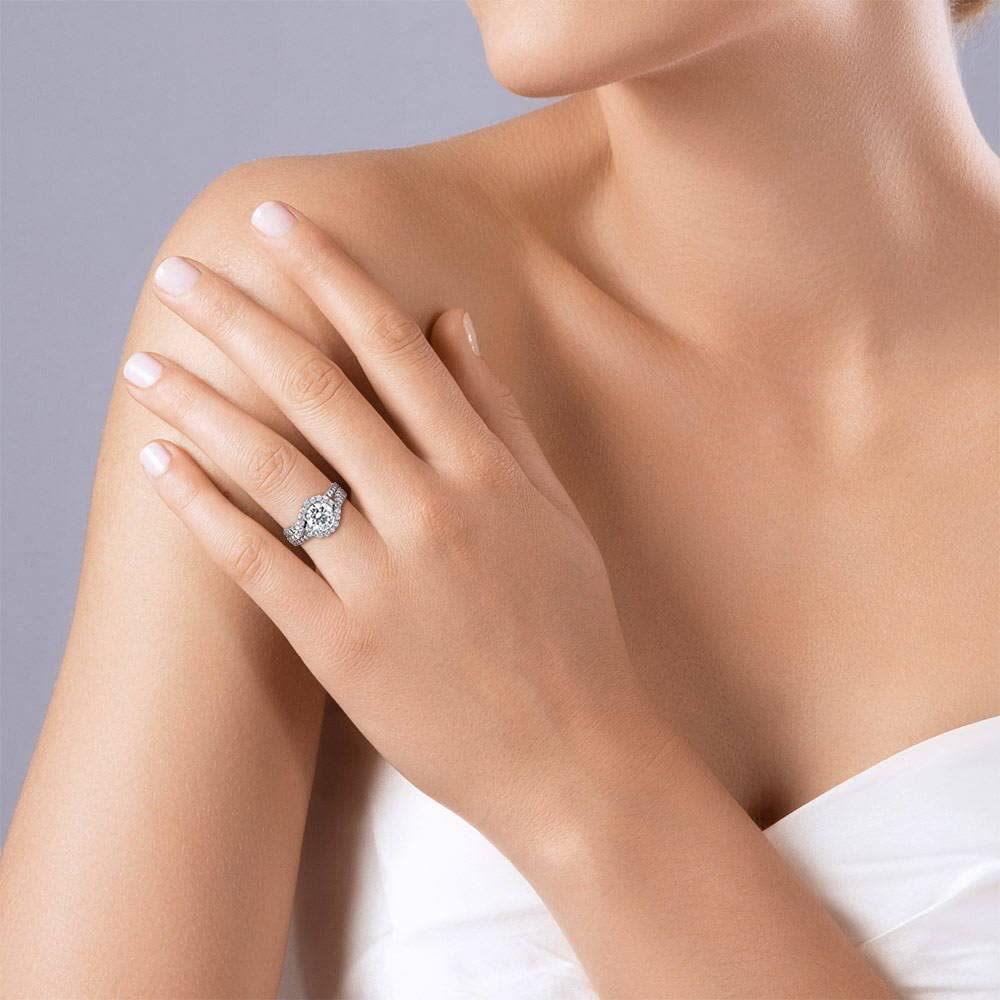 BERRICLE Sterling Silver Halo Wedding Engagement Rings Round Cubic Zirconia CZ Ring for Women, Rhodium Plated Size 7