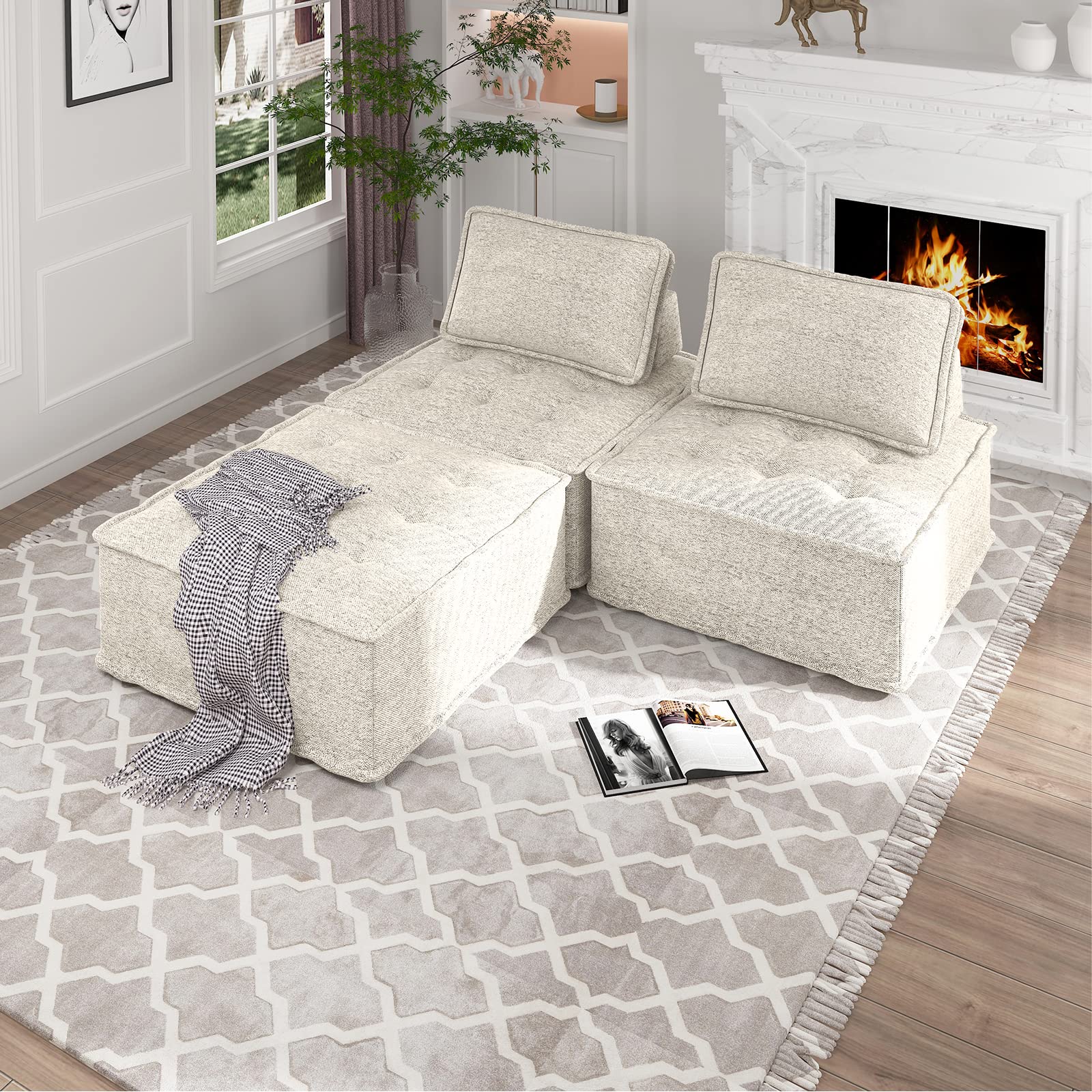Mixoy Modular Sectional Sofa, Variable 3 Seater Sofa Couch with Oversized Soft Seat, Free Combination Armless Sectional Sofa Couch for Living Room, Bedroom (Beige, 3PCS)