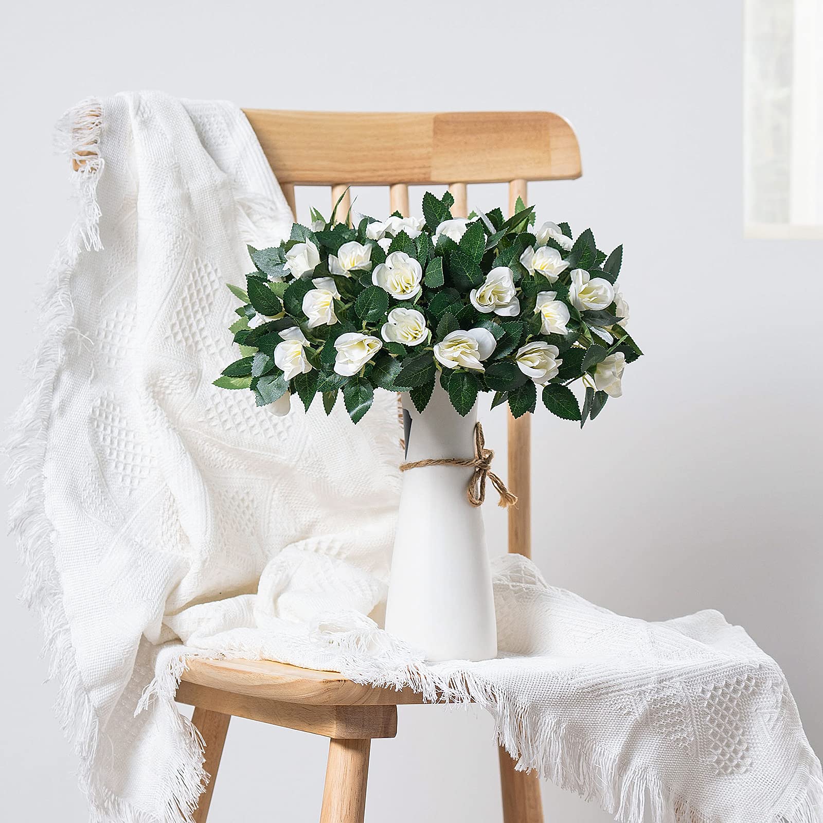 Houele - 6 Pcs 10.92" Milky White Flowers, Artificial Rose Bouquet Fake Flowers, Faux Plastic Greenery Foliage Plants for Home Garden Office Wedding Indoor Decoration