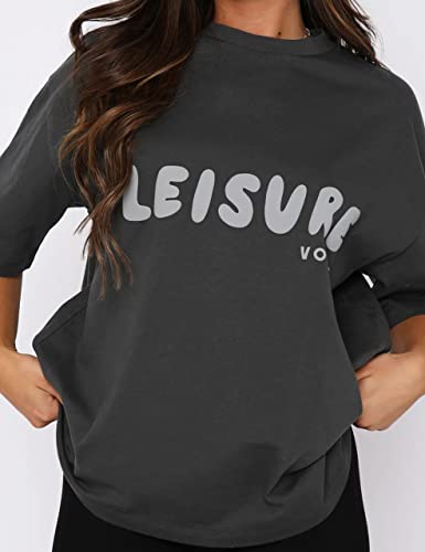 Meladyan Women Leisure Letter Graphic Print Half Sleeve Oversized Tee Shirt Top Crewneck Summer Loose Casual Tshirt Tops Grey