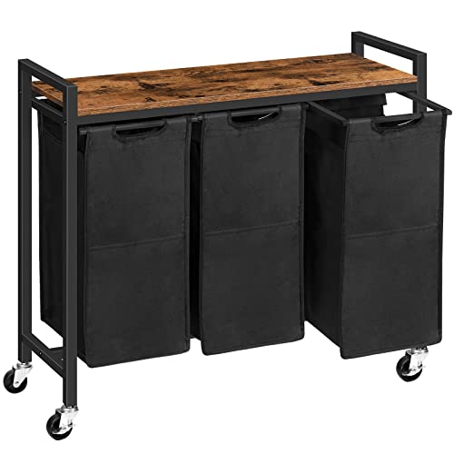 HOOBRO Laundry Hamper, Laundry Sorter 3 Section, Laundry Basket with Wheels, 3 × 10.5 Gal (39.8L), Rolling Cart, Pull-Out and Removable Oxford Fabric Laundry Bags, Rustic Brown and Black BF38XY01G1