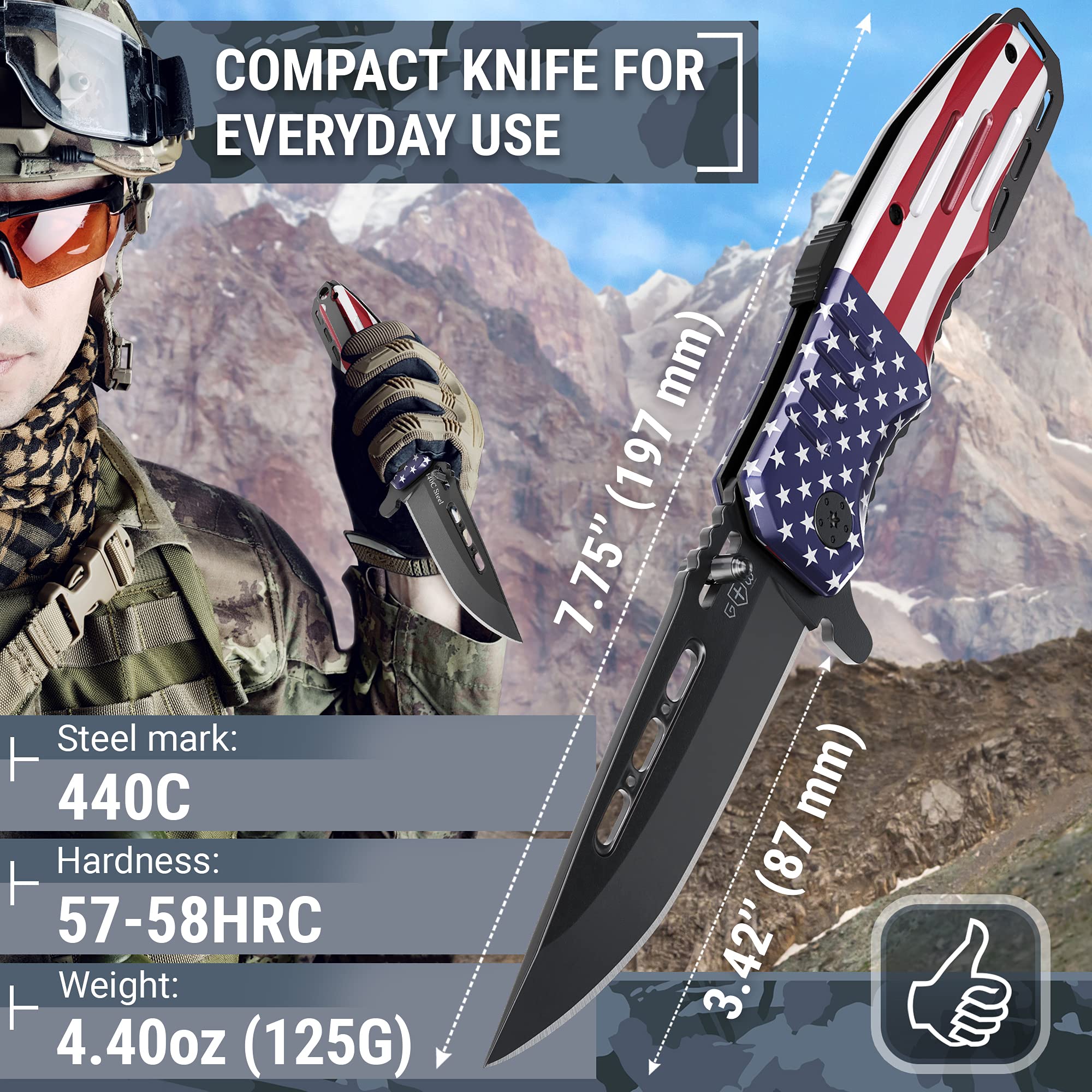 Bundle of 2 Items - Pocket Folding Knife - Military Style - Pocket Knife - Tactical Knife - Camping Hunting Knofe - Gray EDC Knife with Pocket Clip - Gift for Men - Stocking Stuffers