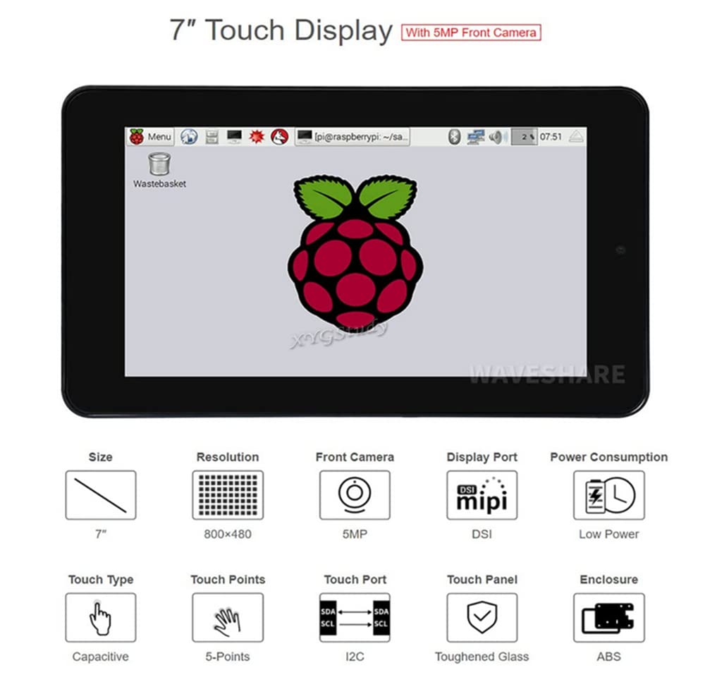 for Raspberry Pi 7inch Capacitive 800×480 Touch Display Screen with Protection Case 5MP Front Camera and DSI Interface for Raspberry Pi 4 Model B @XYGStudy (7inch DSI LCD (with cam and case))