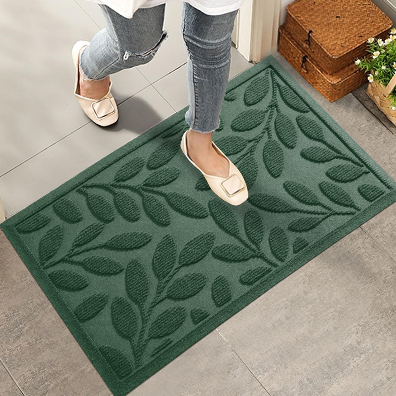 HIYARD Front Door Mat, Heavy Duty Welcome Door Mat Indoor Outdoor, Waterproof Doormat, Sturdy Natural Rubber, Fade Resistant, Easy Clean, Low Profile Entryway Mat Outdoor Entrance, 36×24, Green