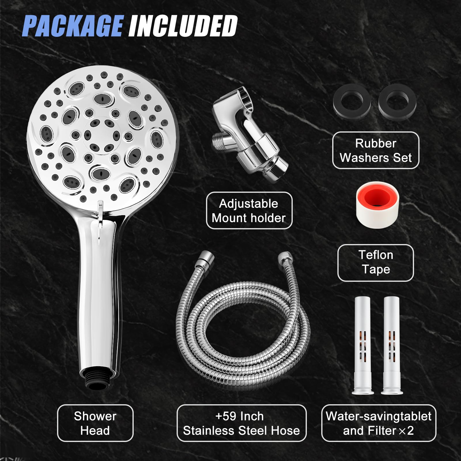 High Pressure Shower Head with Handheld, 10 Spray Settings Water Saving Shower Heads with Stainless Steel Hose,Holder & PTFE Tape, Wider Silver Face for Tubs Tiles Walls Pets Cleaning, Black