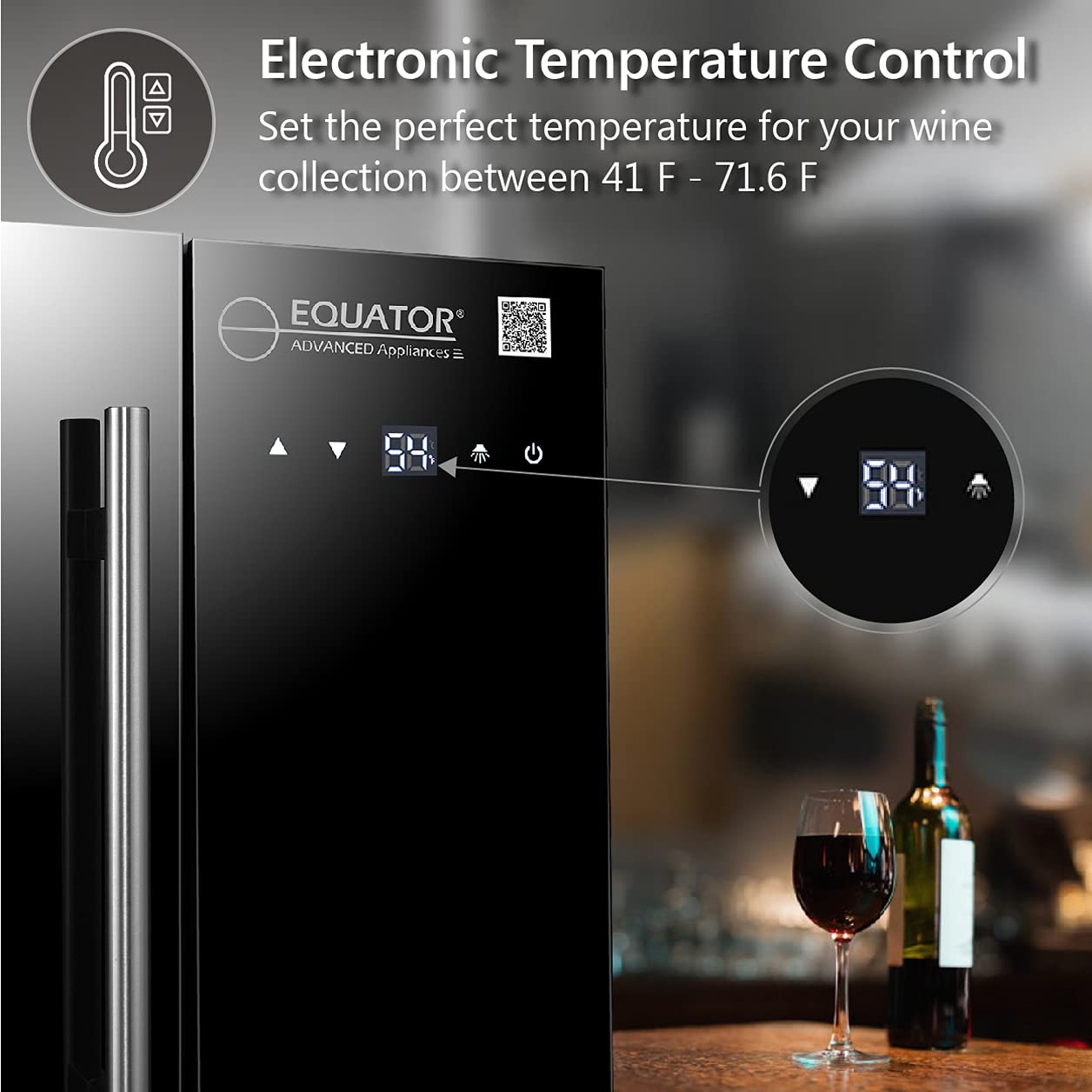 Equator 16 Bottle Wine Refrigerator, Single-Zone, Freestanding/Built-in, Anti-UV Glass Door, Temp Range 41°F-71.6°F, Touchpad Controls, Auto Defrost, 110V