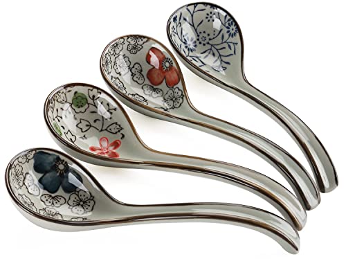 Ceramic Soup Spoons Set of 4 Porcelain Japanese Soup Spoon Long Handle Asian Soup Spoon Sets for Pho Ramen Noodles Wonton Dumpling Rice (Model 2#)