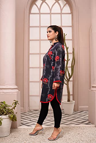 IshDeena Indian Pakistani Short Kurti Tunic Tops - Printed Khaddar Fabric for Women - Office & Casual Wear, Designer, M-3XL (Medium/Black)