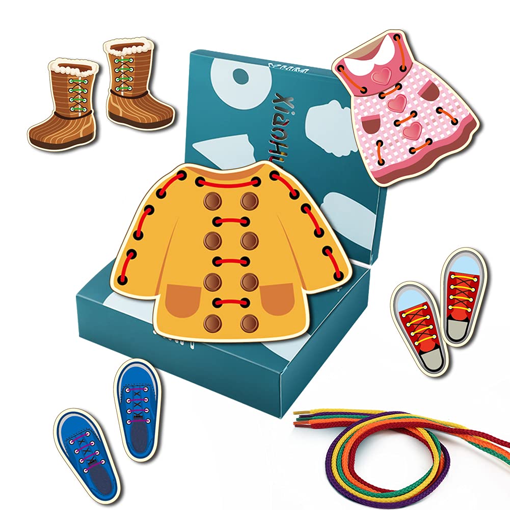 ilovepo Lacing Cards for Kids Toddlers,Clothes Dresses Shoes Lace & Trace Activity Set,Montessori Toys Sewing Educational Play Toy for Boys & Girls