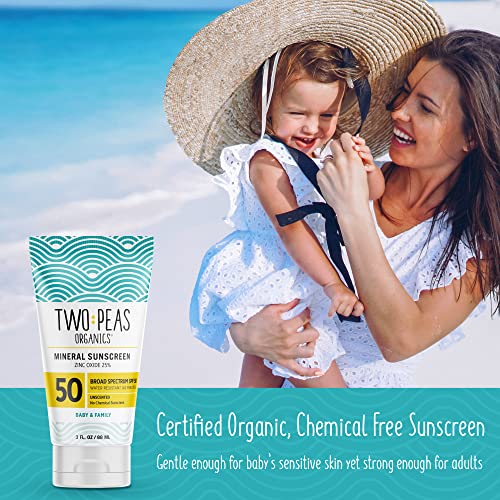 Two Peas Organics - All Natural Organic SPF 50 Sunscreen Lotion - Coral Reef Safe - Baby, Kid & Family Friendly - Chemical Free Mineral Based Formula - Waterproof & Unscented β 3oz