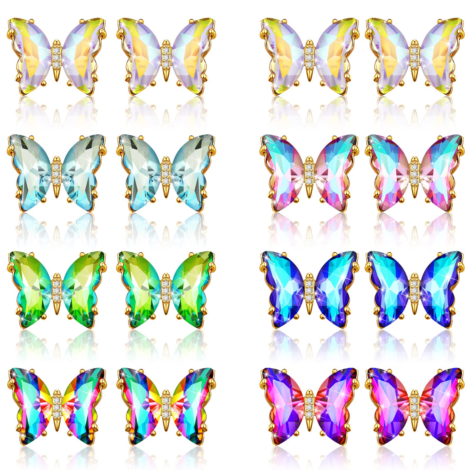 Bonuci 8 Pairs Butterfly Earrings for Women Rhinestone Cute Earrings Butterfly Wing Earrings Crystal Rainbow Colors Butterfly Ear Stud Jewelry Birthday Valentine's Day Gift Small