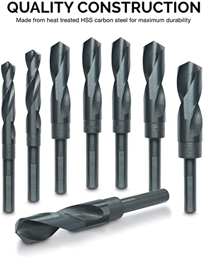 HILTEX 10005 Jumbo Silver & Deming Drill Bit Set, 8 Piece, 1/2" Inch Shank Industrial Large Drill Bit Set 9/16β Drill Bit to 1" Drill Bit, Metal Drill Bits for Steel, Reduced Shank Drill Press Bits