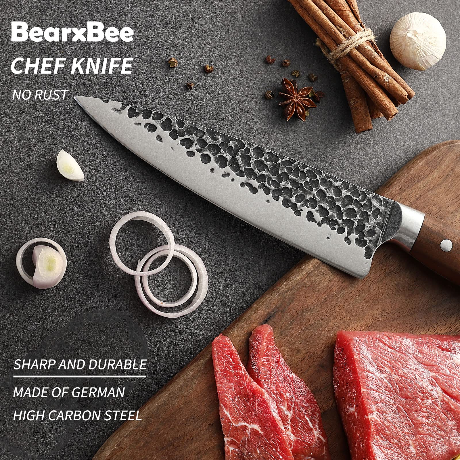 BearxBee Chef Knife Steak Knife,Comfortable Wooden Handle,High Carbon Stainless Steel 8 inch Stable Durable Knife for Kitchen,Chef,Cooking