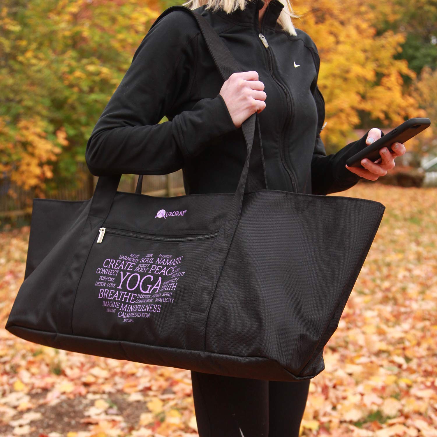 AURORAE Yoga Mat Tote Bag, Extra Wide to Fit Most Yoga Mats and Accessories, in Black Heavy Duty Polyester