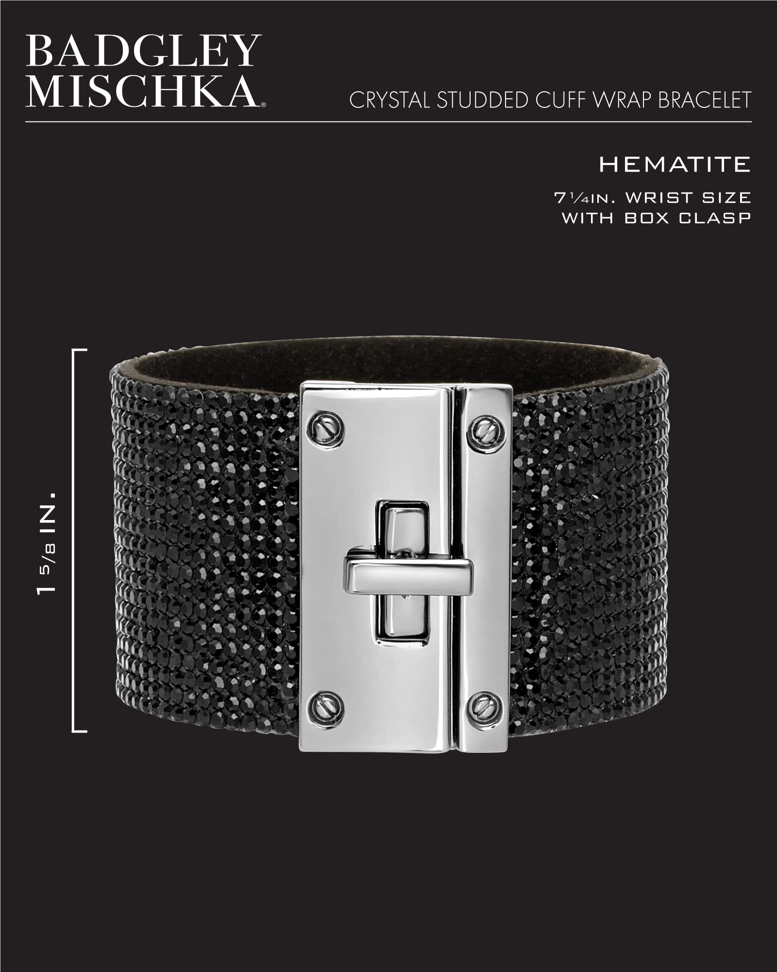 Badgley Mischka Women's Bracelet - Crystal Studded Leatherette Box Clasp Bangle Cuff Wrap Wristband, Hematite