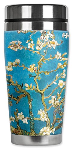 Mugzie "Van Gogh: Almond Blossoms" Stainless Steel Travel Mug with Insulated Wetsuit Cover, 20 oz, Black
