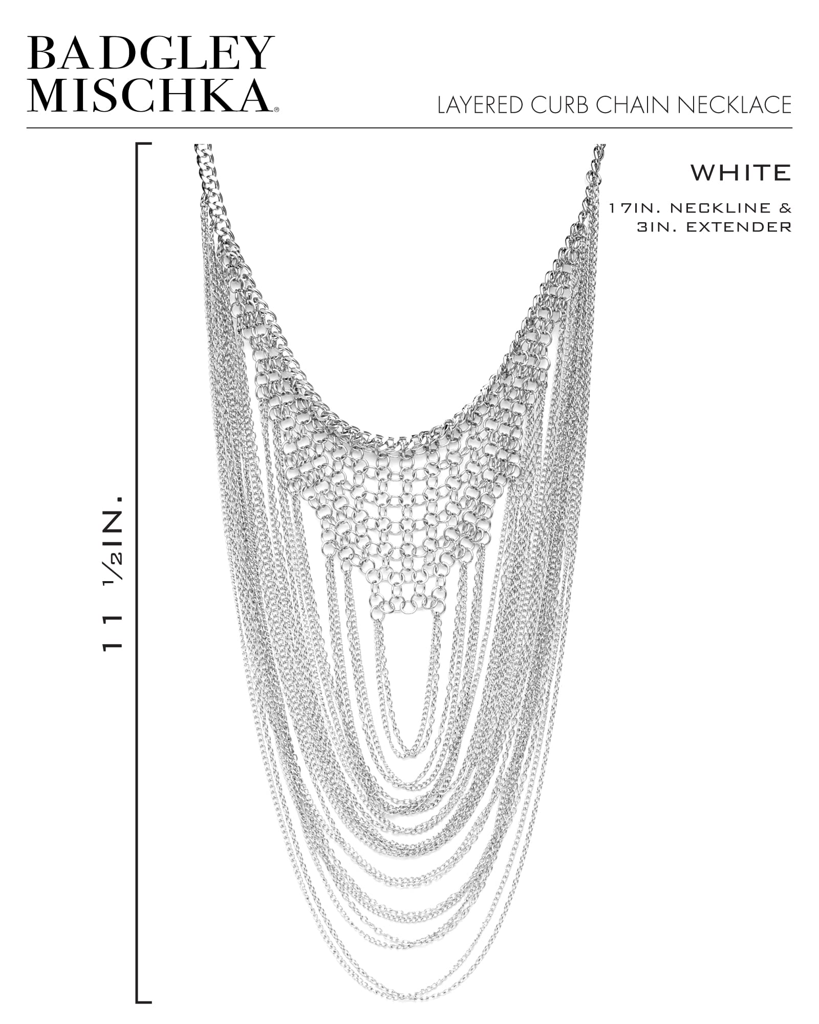 Badgley Mischka Women's Necklace - Elegant Layered Curb Chain Statement Bib Collar Necklace Costume Jewelry, White