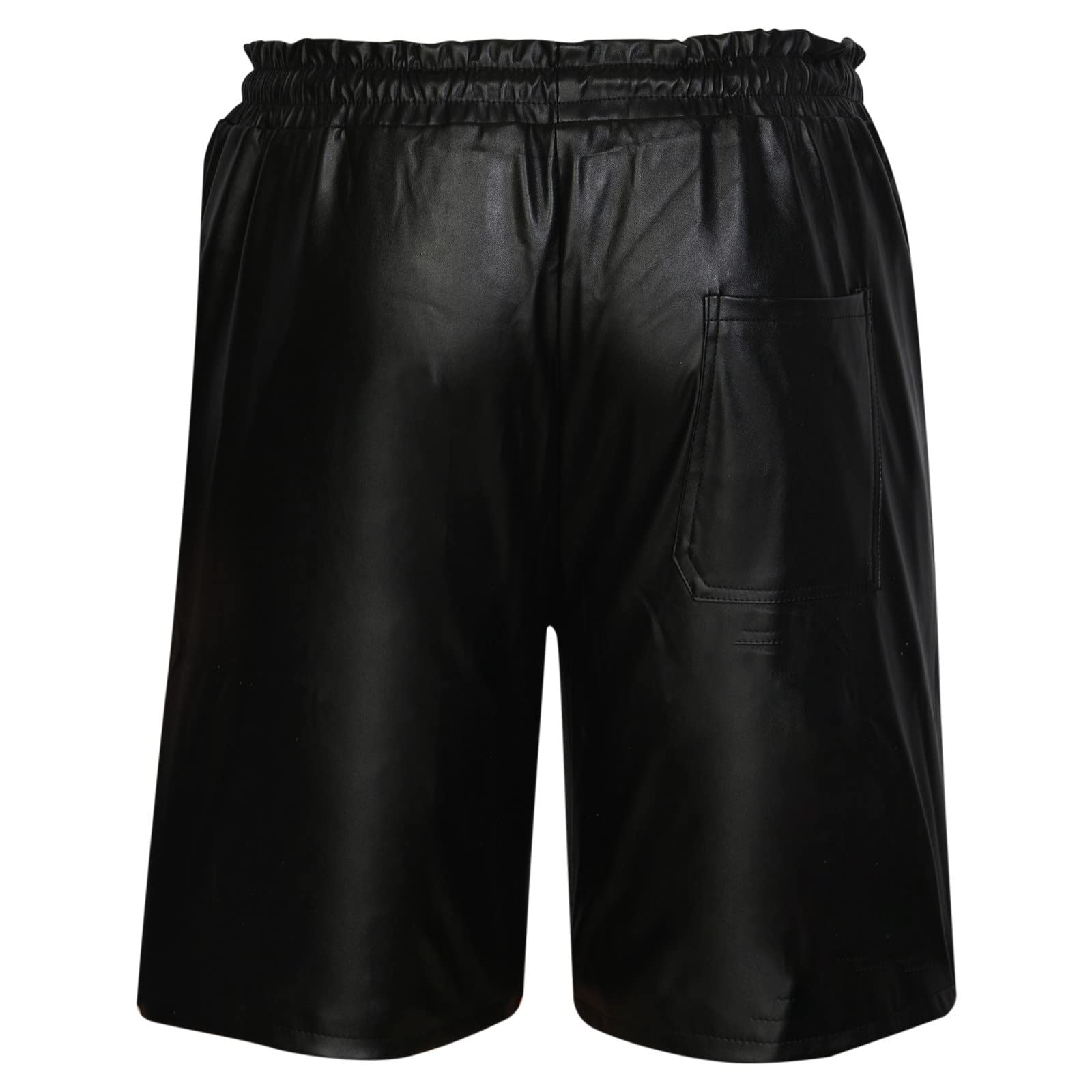 BADHUB Men's Gothic Shiny Pu Leather Shorts Metallic Style Elastic Long Drawstring Loose Comfortable Pouch Moto Short Pants