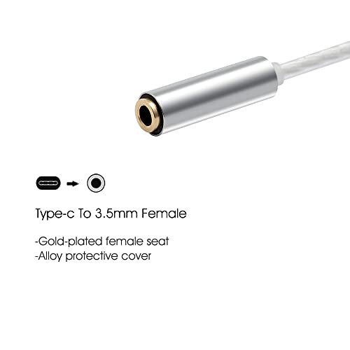 FAAEAL Type-C to 3.5mm DAC Cable Decoding Headphone Converter Gold-Plated Female Seat Earphone Amplifier Braided/Silver-Plated Wire Audio Adapter for Win10 Android Tablet PC Earphones (Silver)