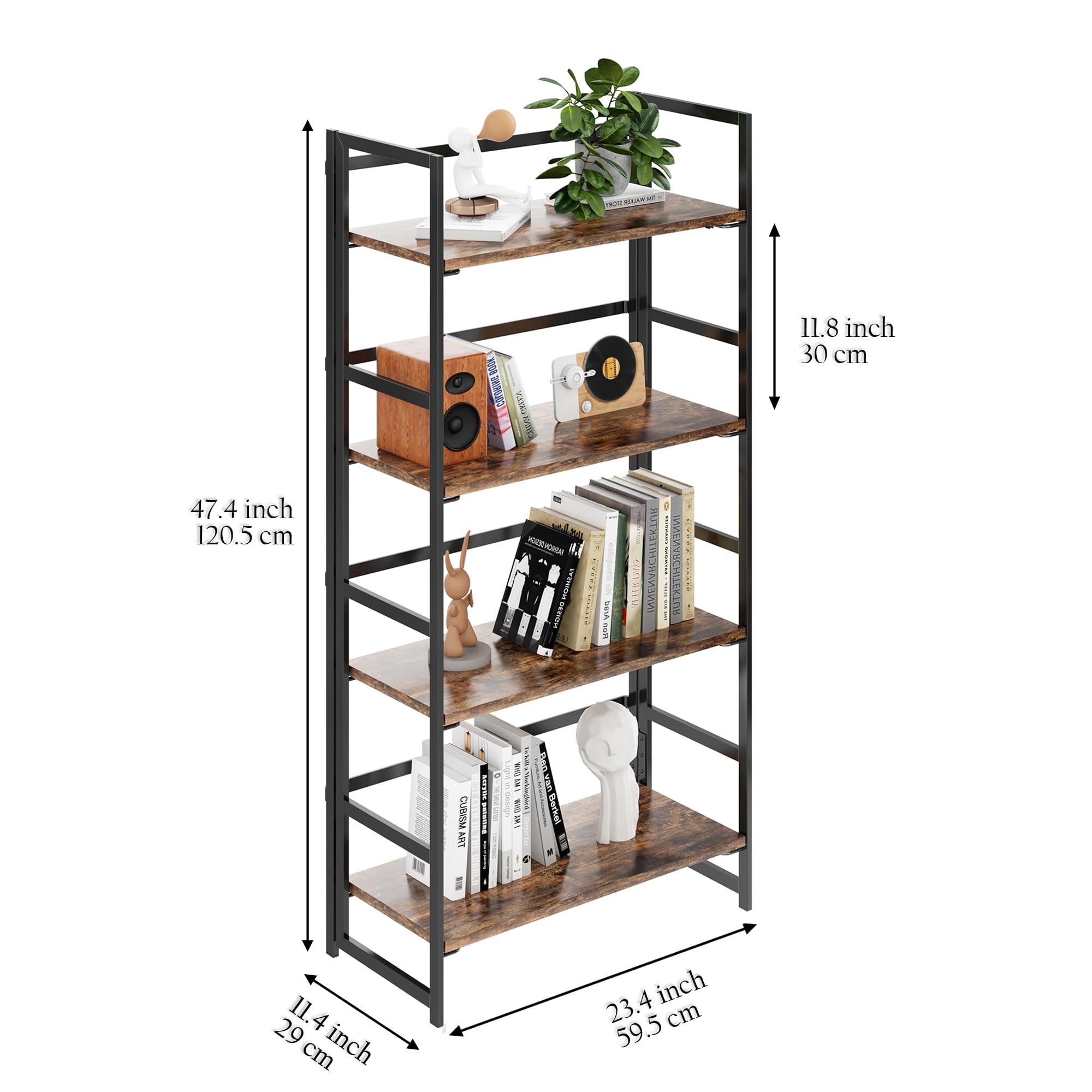 BHG Vintage Multifunctional Folding Bookshelf, No-Assembly Plant Stand Storage Rack Shelves for Home Office (Fire, 4-Tier)