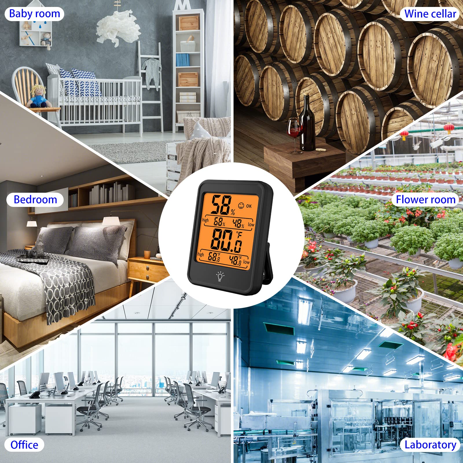 Indoor Thermometer Digital Hygrometer Room Thermometer Humidity Monitor with Backlight,Suitable for Bedroom,Baby,Flower Room,Wine Cellar,Laboratory,Battery Included (2, Black and White)