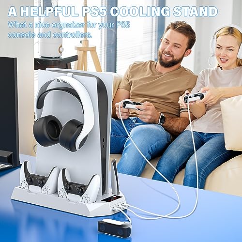 DBEPANK Stand and Cooling Station with Dual Controller Charging Station for PS5 Vertical Stand with Headset Holder for PS5 Accessories for Playstation 5 Console Cooling Fan Stand White