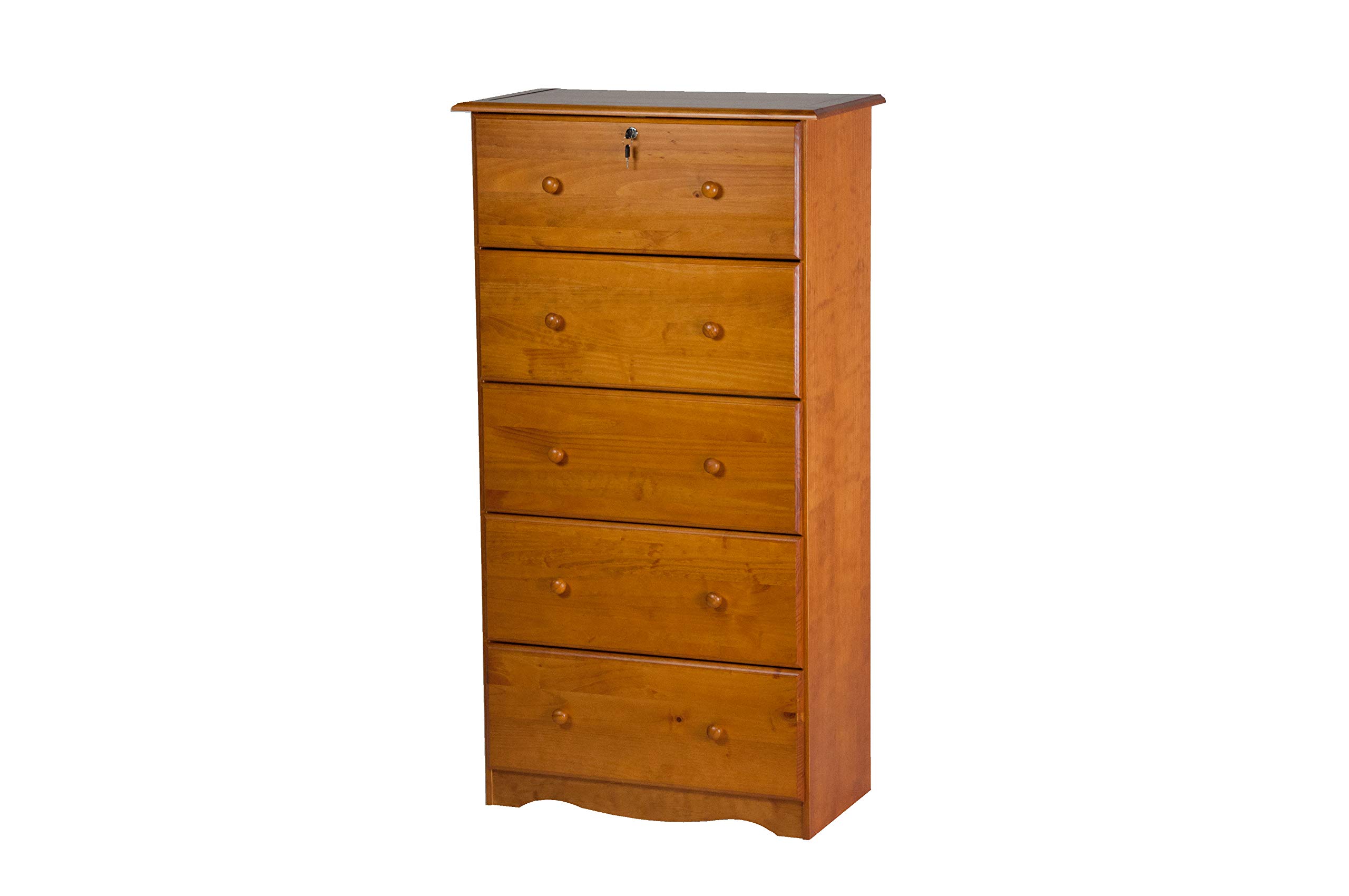 Palace Imports 100% Solid Wood 5-Super Jumbo Drawer Chest with Lock, Honey Pine, 31.75โw x 59.75โh x 17โ d, Lock and Key Included. Requires Assembly.