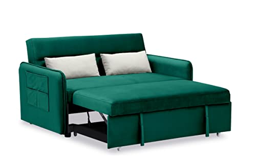 DHPM Pull Out Couch w/Headboard, 54" Modern Velvet Convertible Sleeper Love seat Sofa Bed with 2 Pillows & Detachable Side Pockets for Small Space, Living Room, Apartment, Green
